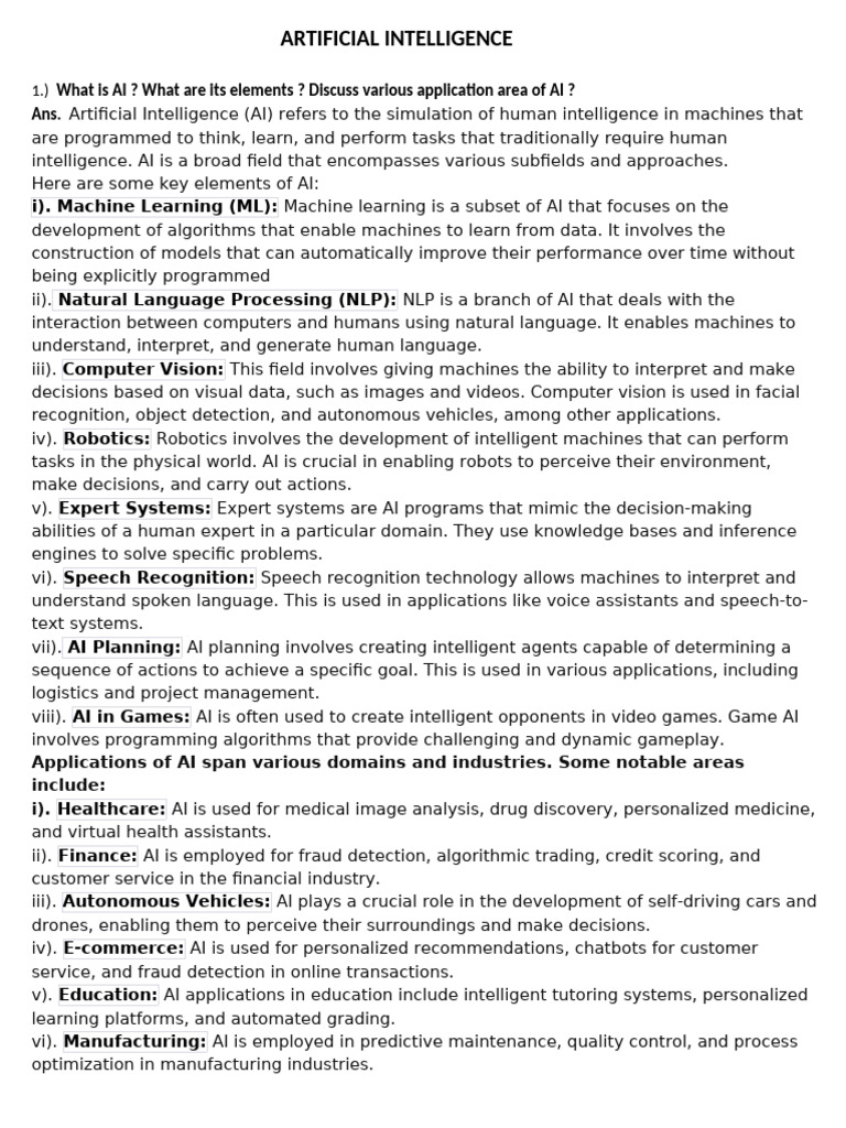 ARTIFICIAL INTELLIGENCE Exam Notes | PDF