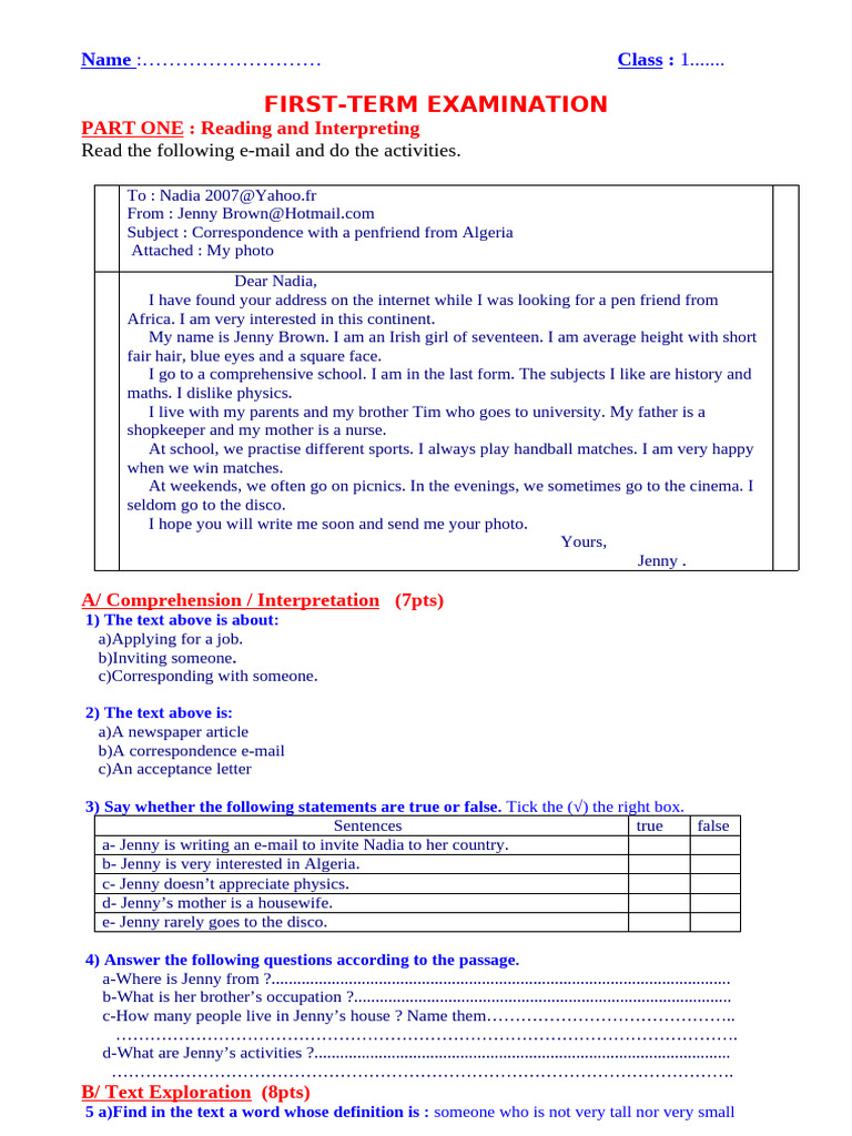 1AS Exam - 1st Term (Letter 3 - Jenny Brown) | PDF