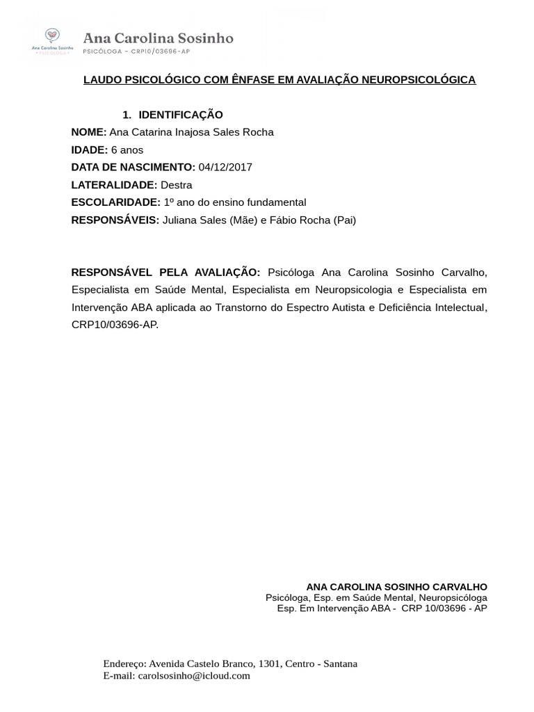 Laudo Neuropsicológico Paciente Ana Catarina - ACOLHER | PDF