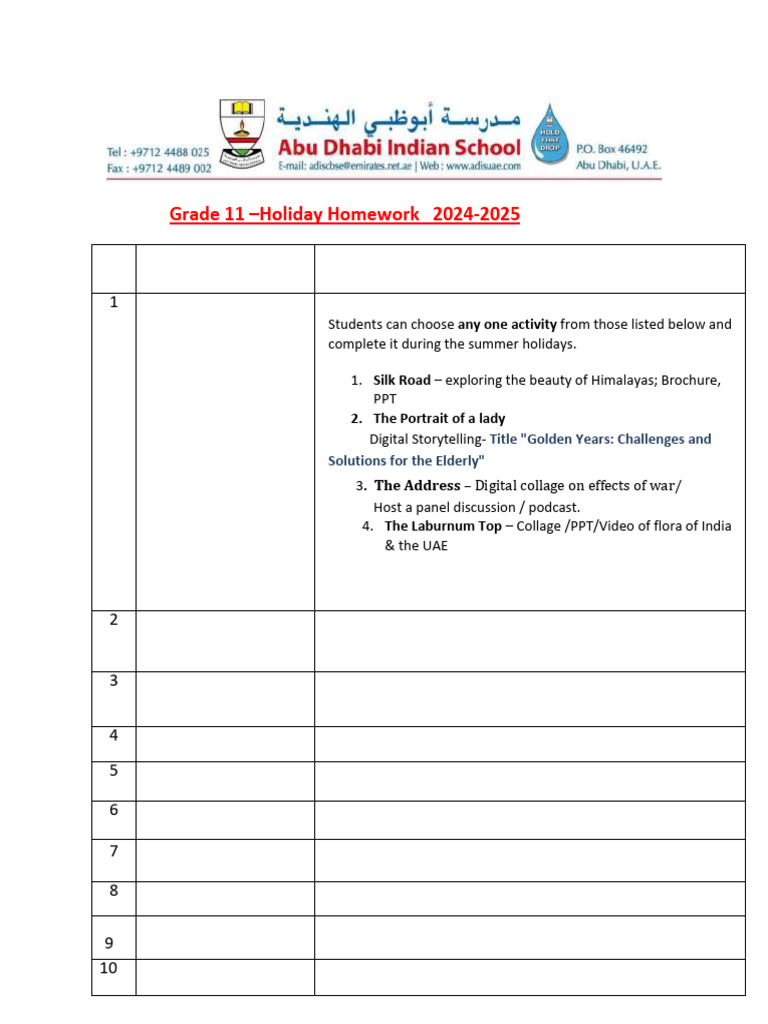 Grade 11 - Holiday Homework 2024 - 2025 | PDF