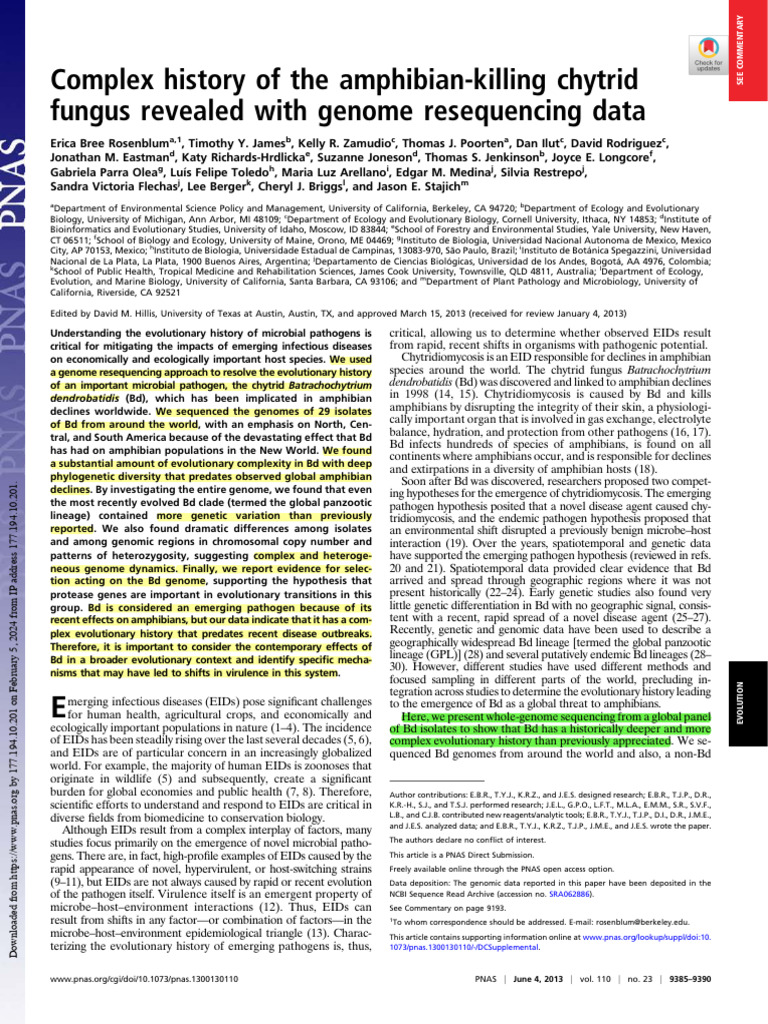 Rosenblum Et Al. (2013) - Complex History of The Amphibian-Killing Chytridfungus Revealed With ...