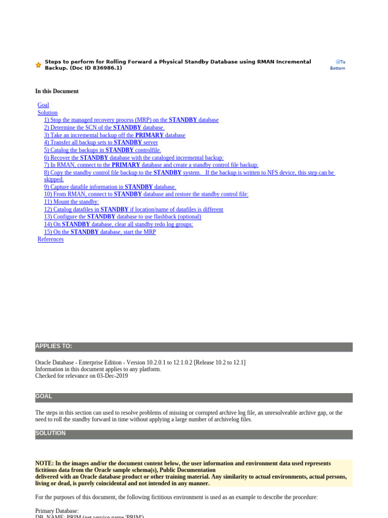 Steps To Perform For Rolling Forward A Physical Standby Database Using RMAN Incremental Backup | PDF