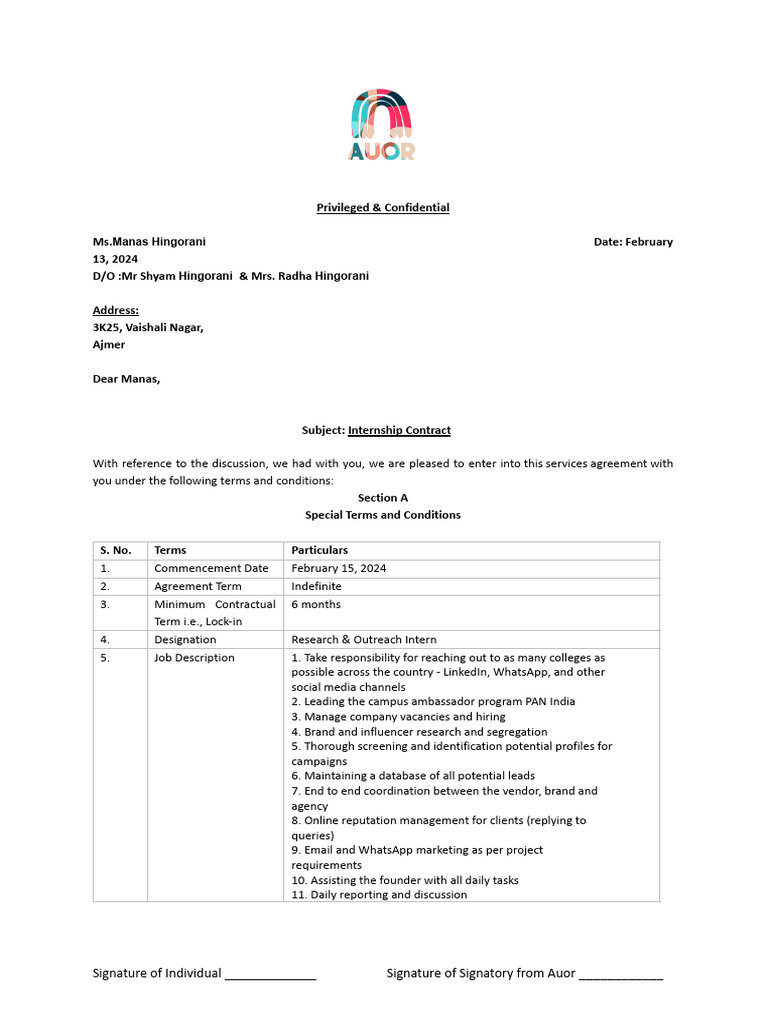 Manas Hingorani - Joining Letter | PDF