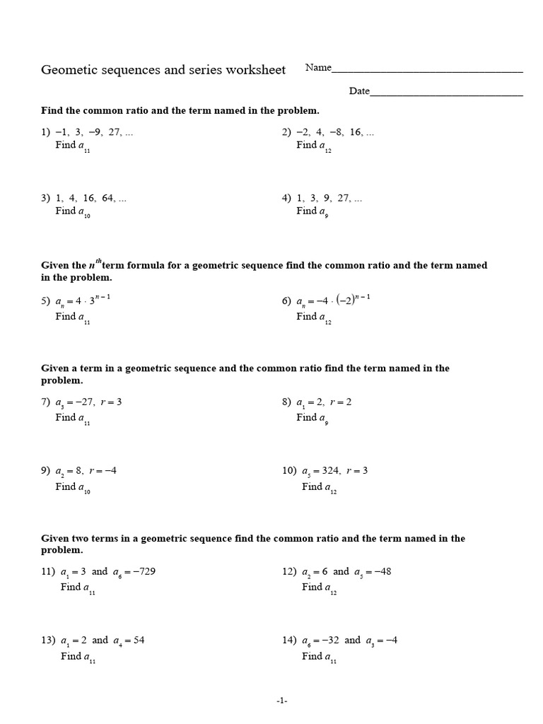 Geometric Sequences and Series Worksheet 2024 | PDF