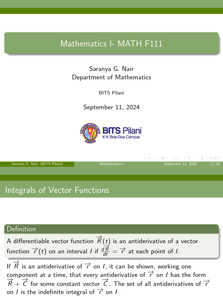 Lec 15 - Integrals of Vector Valued Function | PDF