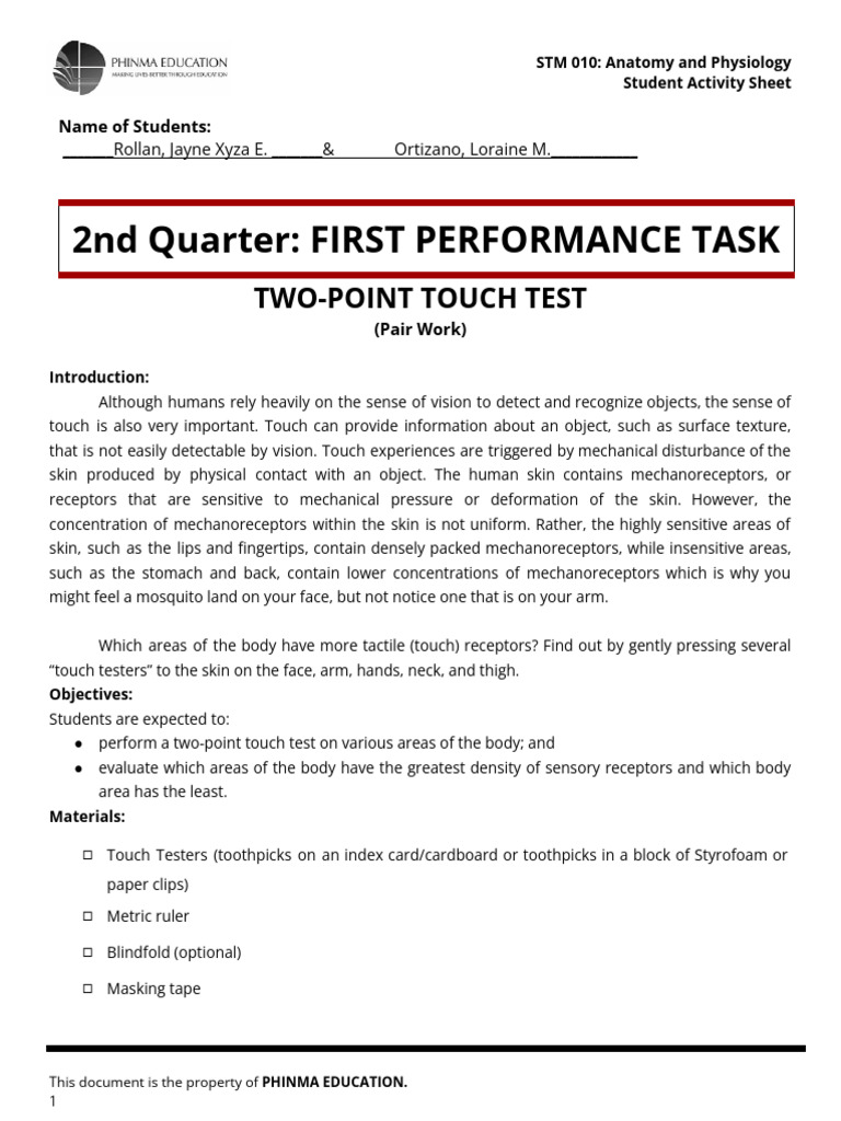2ndQ-Performance Task1-Pair Work - Two-Point Touch Test | PDF