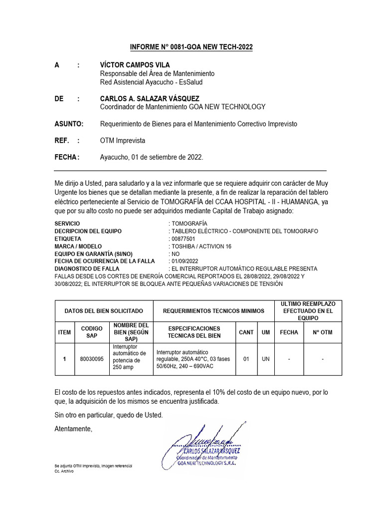 Informe N 81 Requerimiento Interruptor Automatico Tomografia | PDF