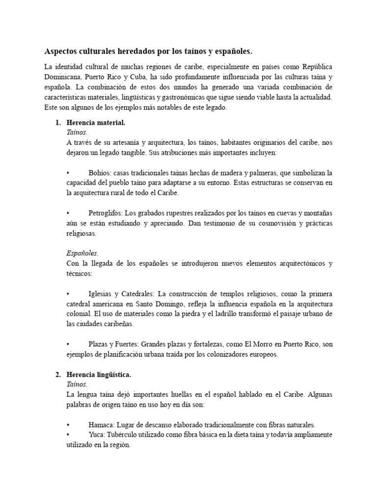 Aspectos Culturales Heredados Por Los Taínos y Españoles | PDF