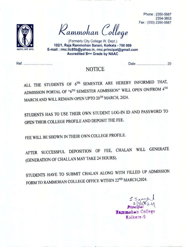 6th SEMESTER ADMISSION NOTICE 2024 - Compressed | PDF