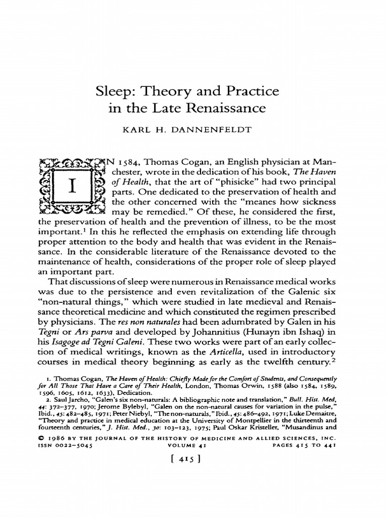 Sleep - Theory and Practice in The Late Renaissance | PDF | Bed