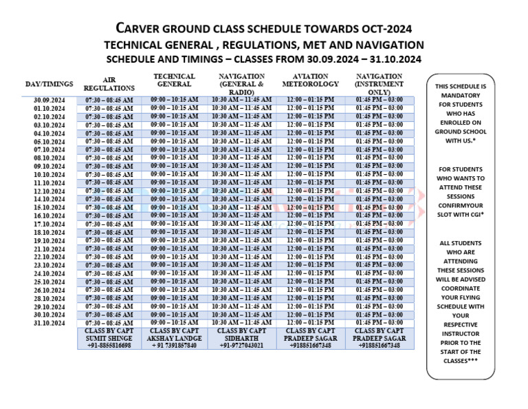 CPL Ground Class Schedule October 2024 | PDF
