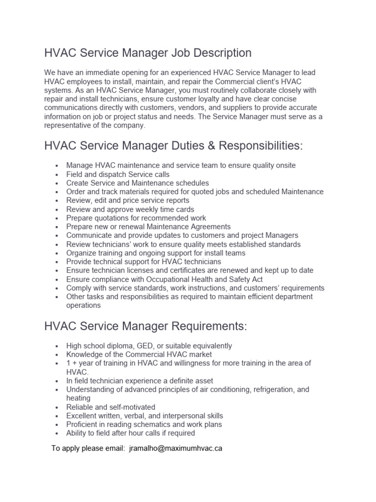 HVAC Service Manager Job Description | PDF