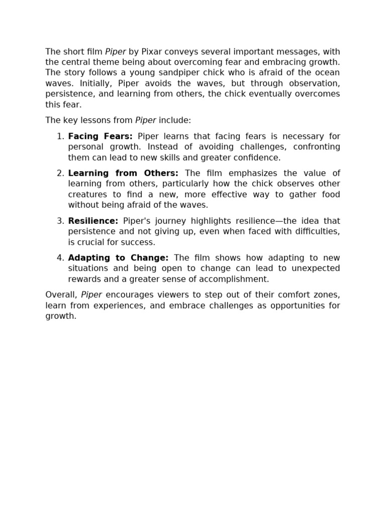 The Short Film Piper by Pixar Conveys Several Important Messages | PDF