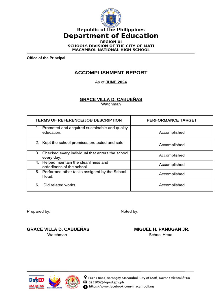 Watchman Accomplishment Report-Grace | PDF