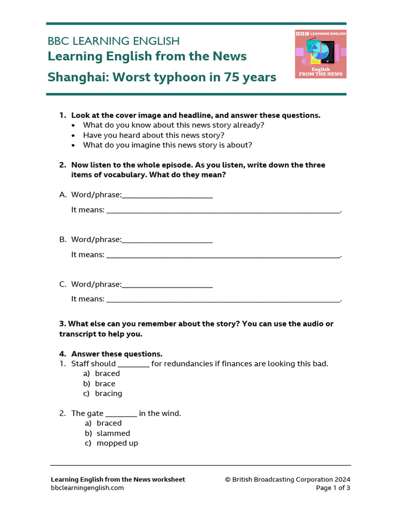 LEFTN Shanghai Worst Typhoon in 75 Years Worksheet | PDF