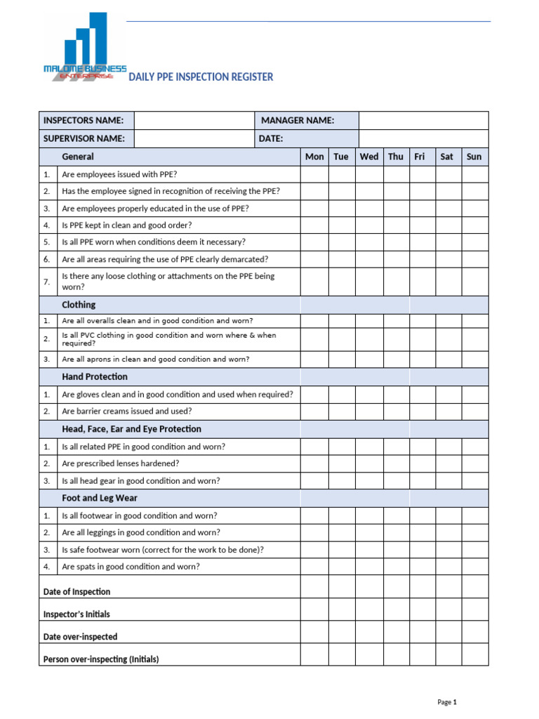 Checklist - PPE Inspection | PDF