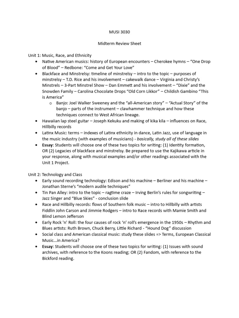 MUSI 3030 Midterm Study Sheet | PDF