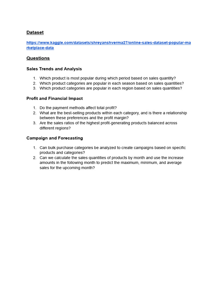 Sales Dataset and Questions | PDF