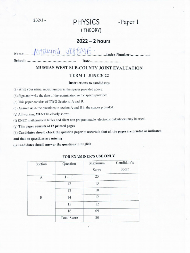 Physics Pp1 Marking Scheme | PDF