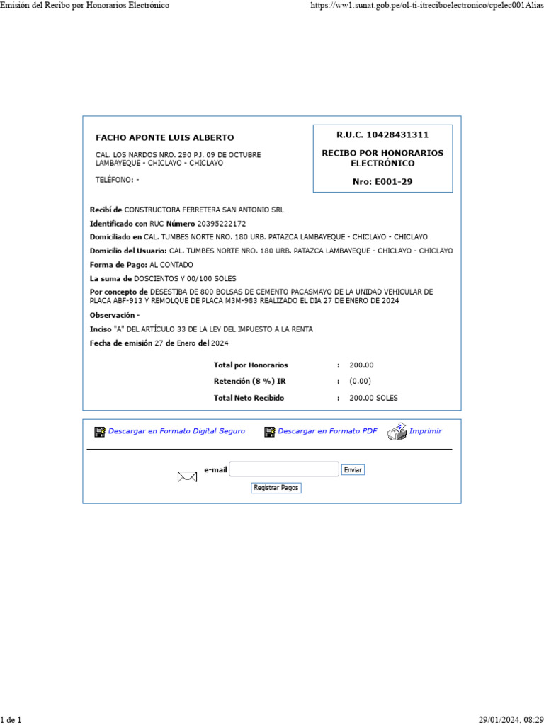 Facho Aponte Luis Alberto R.U.C. 10428431311 Recibo Por Honorarios Electrónico Nro: E001-29 | PDF