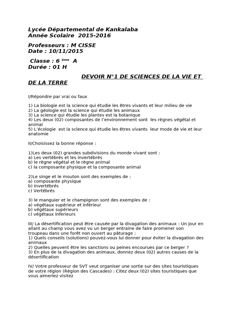 DEVOIR 1 SVT 6ème | PDF
