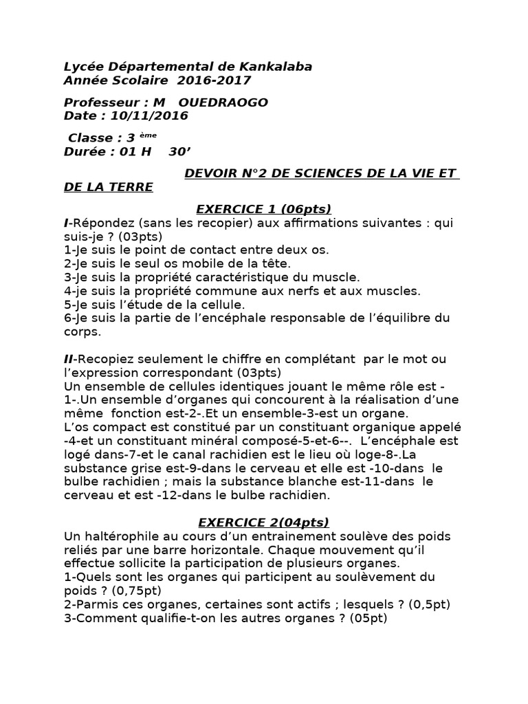 Devoir 2 SVT 3ème | PDF