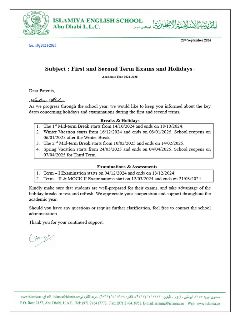 010 - 1st & 2nd Terms Breaks & Exams. - 22.09.2024 | PDF