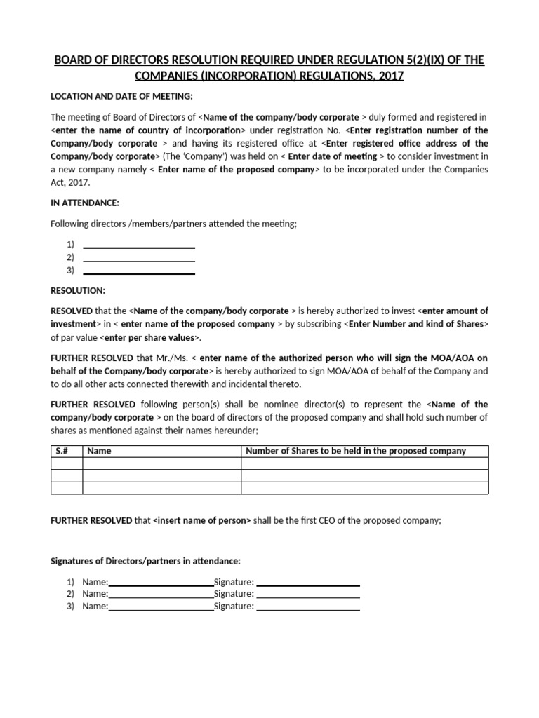 Sample BOD Resolution When A Company or A Body Corporate Is A ...