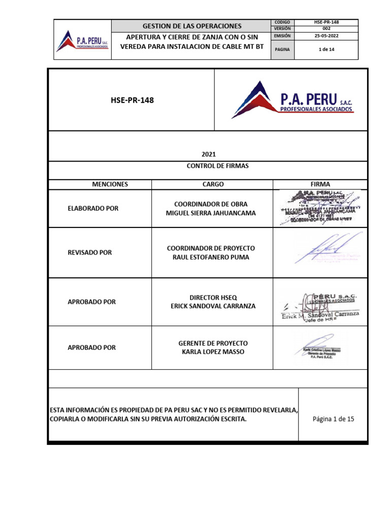 15.hse-Pr-148 Apertura y Cierre de Zanja Con o Sin Vereda | PDF