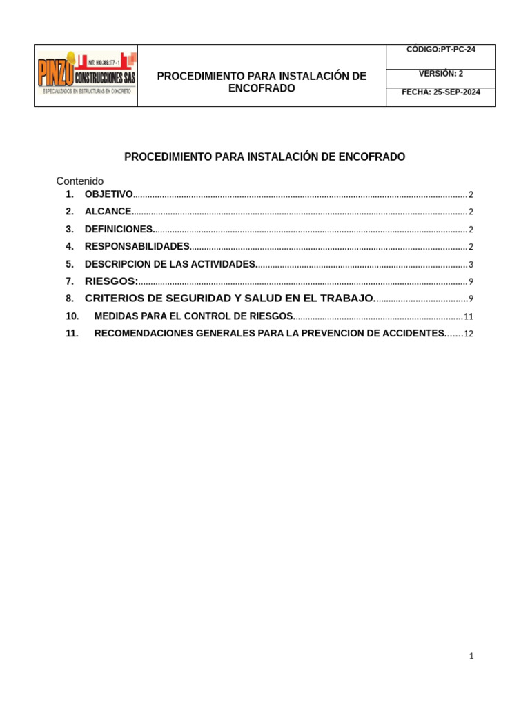 PT-PC 24 Procedimiento para Instalacion de Encofrado | PDF