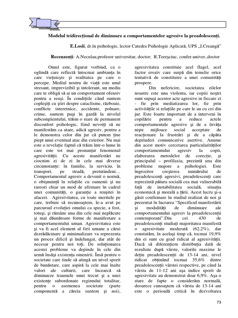 Modelul Tridirectional de Diminuare A Comportamentelor Agresive La Preadolescenti | PDF