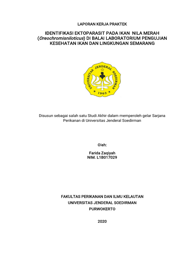 Laporan Kerja Praktik (KP) "Pemeriksaan Ektoparasit Pada Ikan Nila Merah Di BLPKIL Semarang" | PDF