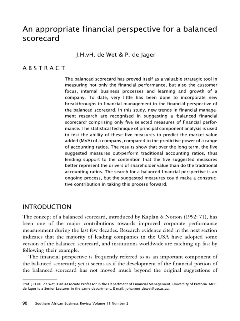 An Appropriate Financial Perspective For A Balanced Scorecard | PDF