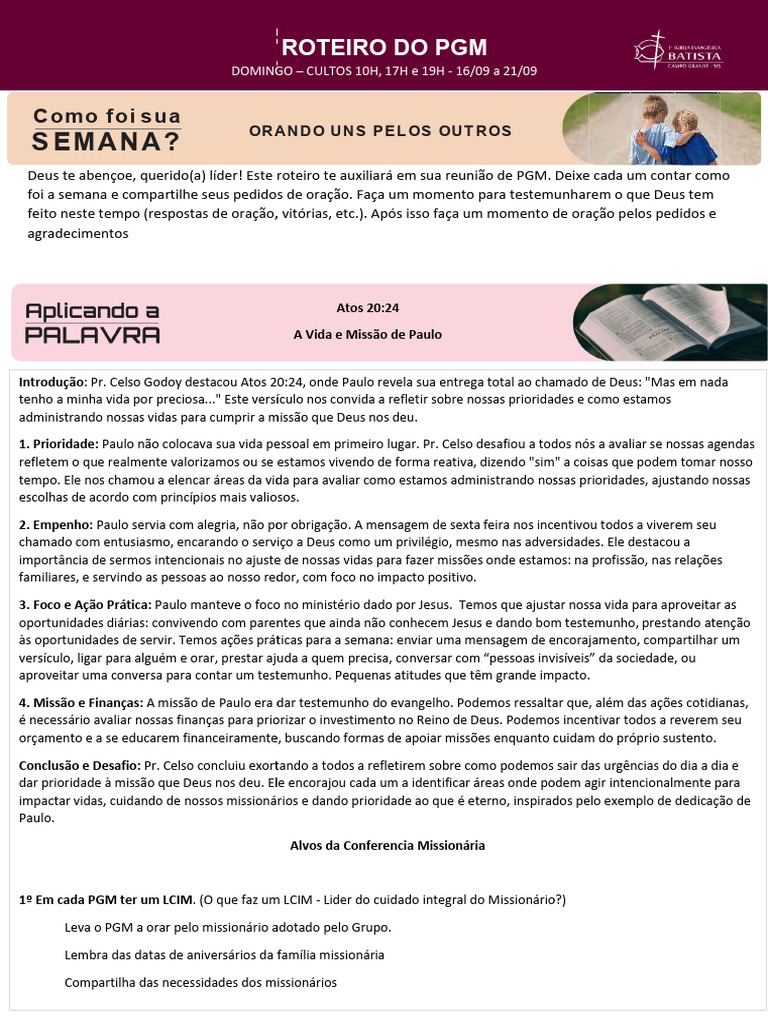 Roteiro de PGM Conferência Missionária | PDF