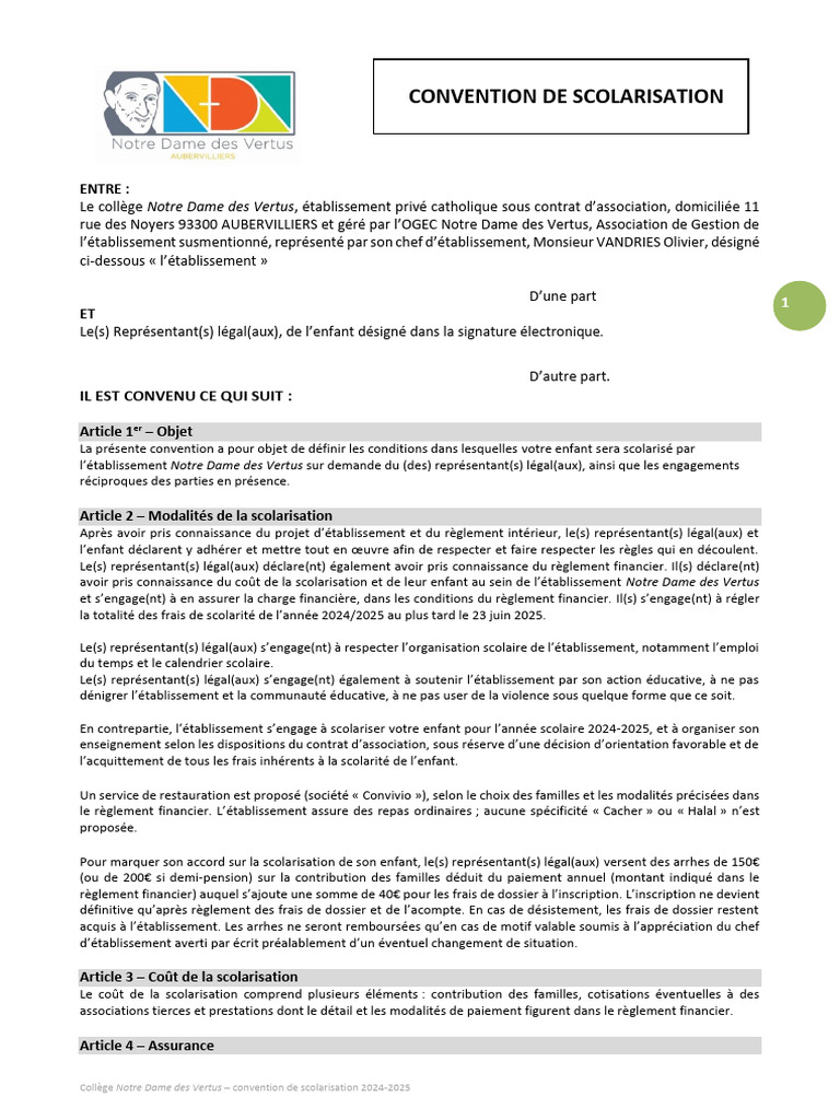 Convention de Scolarisation Collège | PDF