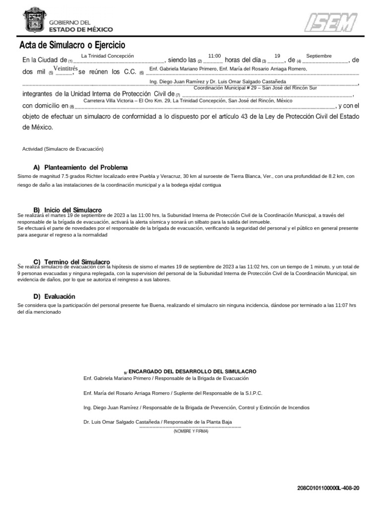 Acta de simulacro 190923 CM29 | PDF