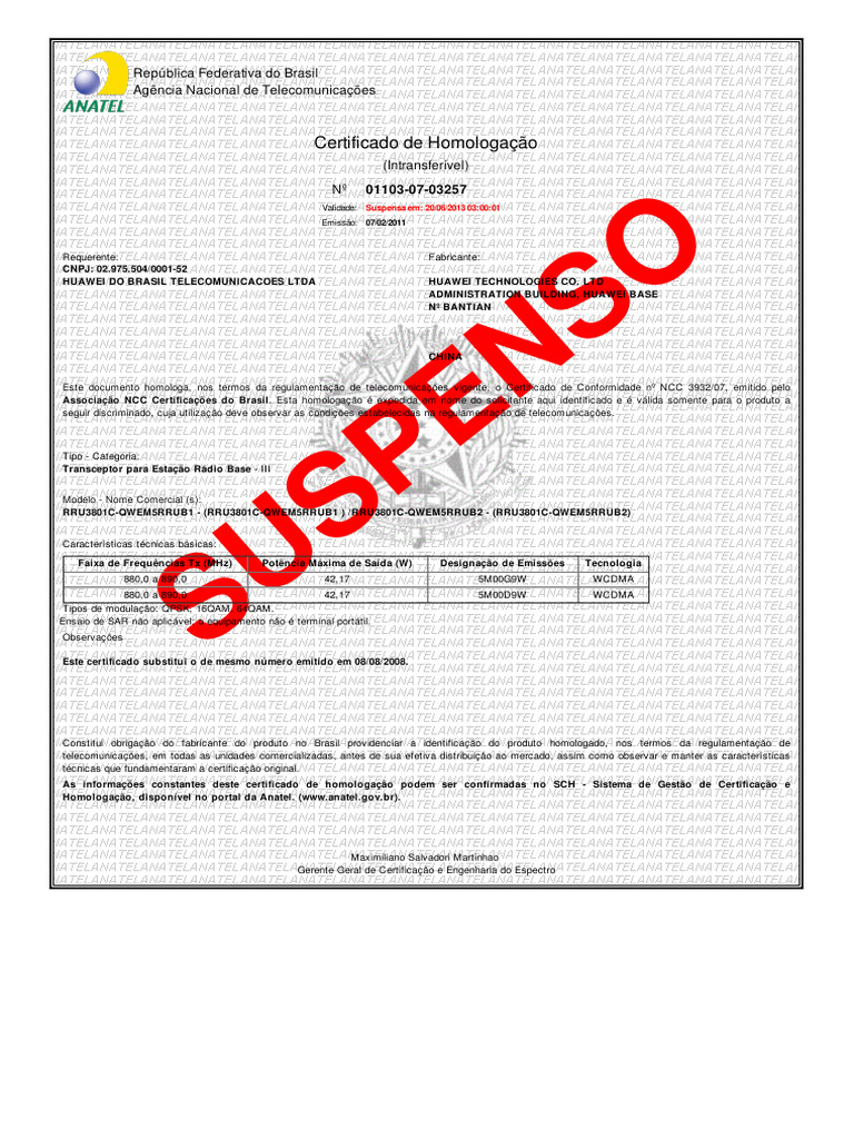 Rádio WCDMA 850 - 01103-07-03257 | PDF