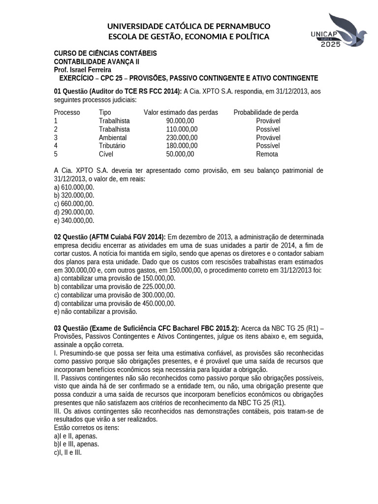 Testes - CPC 25 - Provisões e Passivos Contingentes - Sem Resposta | PDF