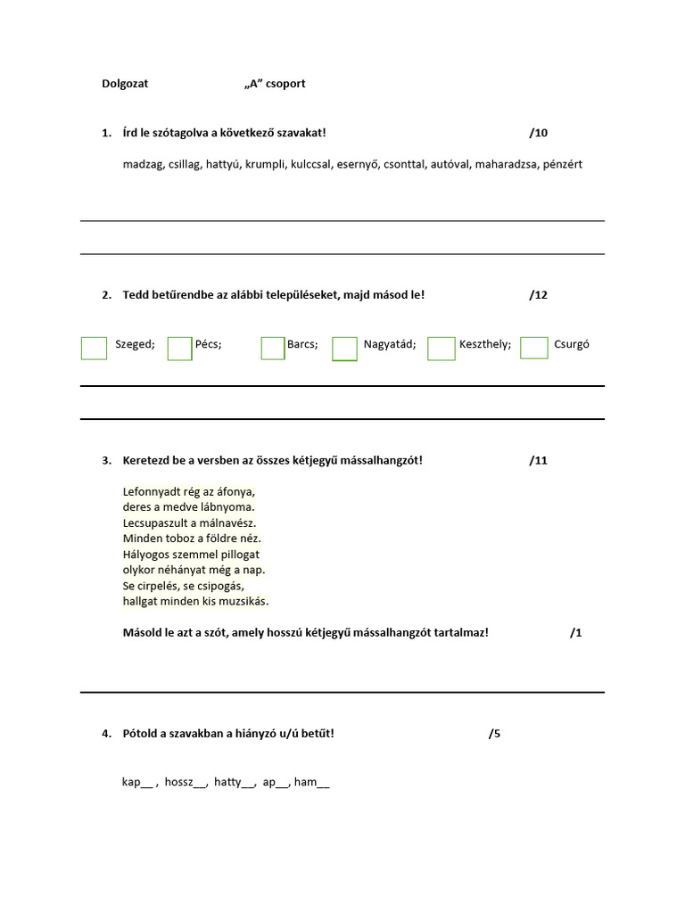 Nyelvtan Dolgozat 3. Osztály A | PDF