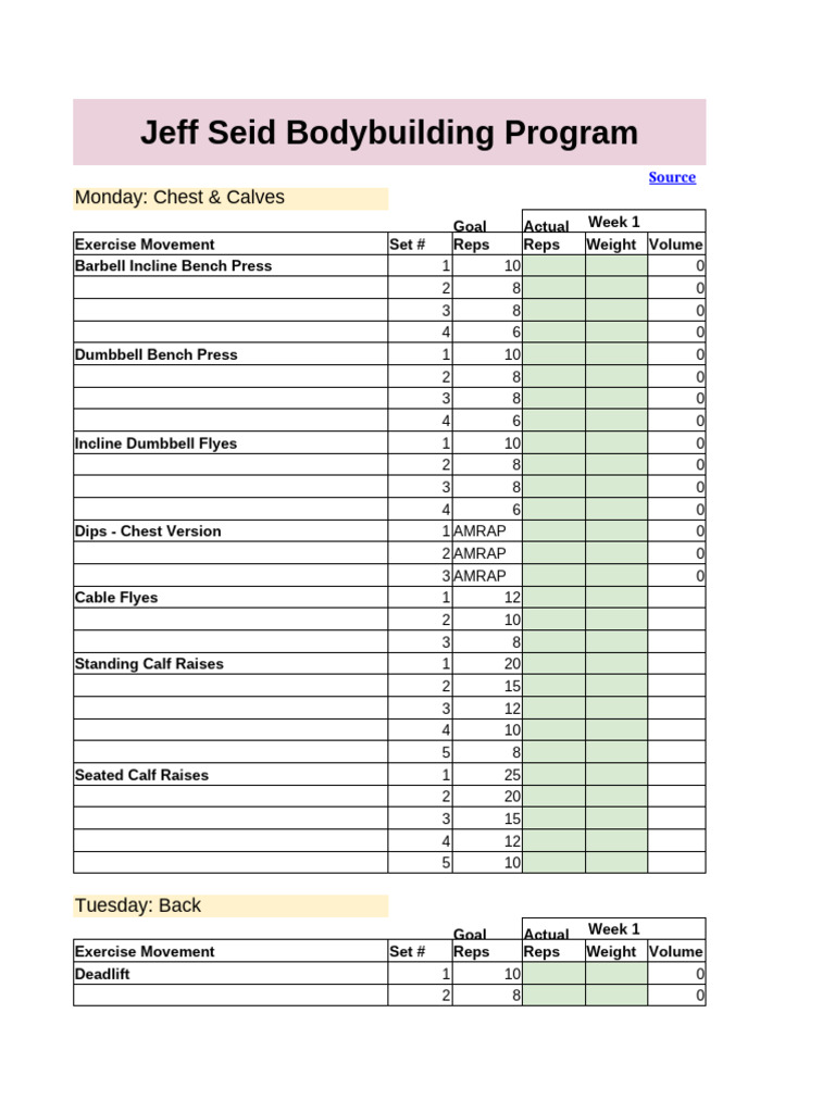 Jeff Seid Workout Routine Spreadsheet | PDF