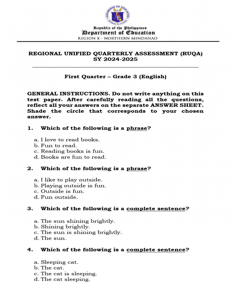 Grade 3 English Q1 Assessment - Test Paper | PDF