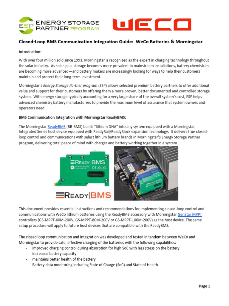Morningstar Weco Closed Loop Bms Integration Guide | PDF