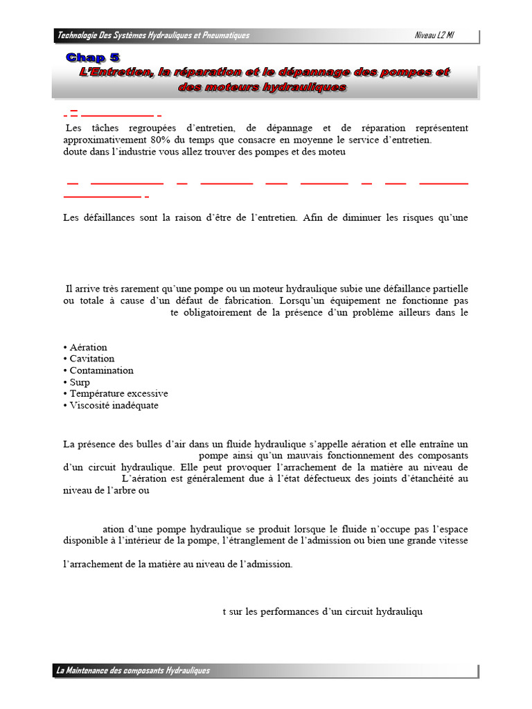 Chap5 Entretient Et Depannage Des Pompes Et Moteurs Hydrauliques | PDF
