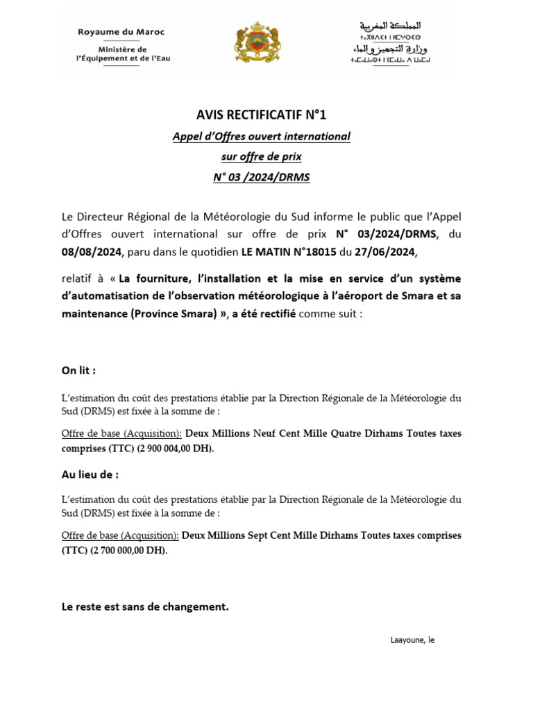 Avis Rectificatif N°01 - FR - Ao N°03-2024-Drms | PDF