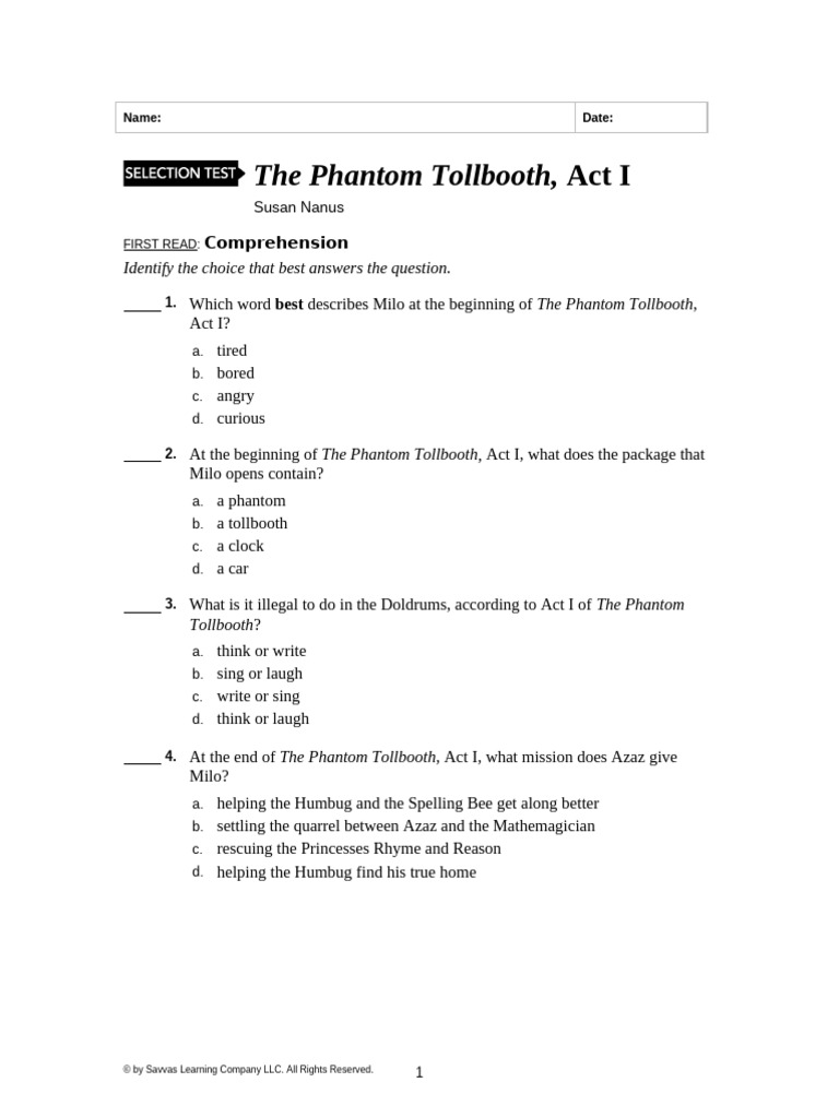The Phantom Tollbooth: Act I Quiz | PDF | Linguistics | Language Arts ...