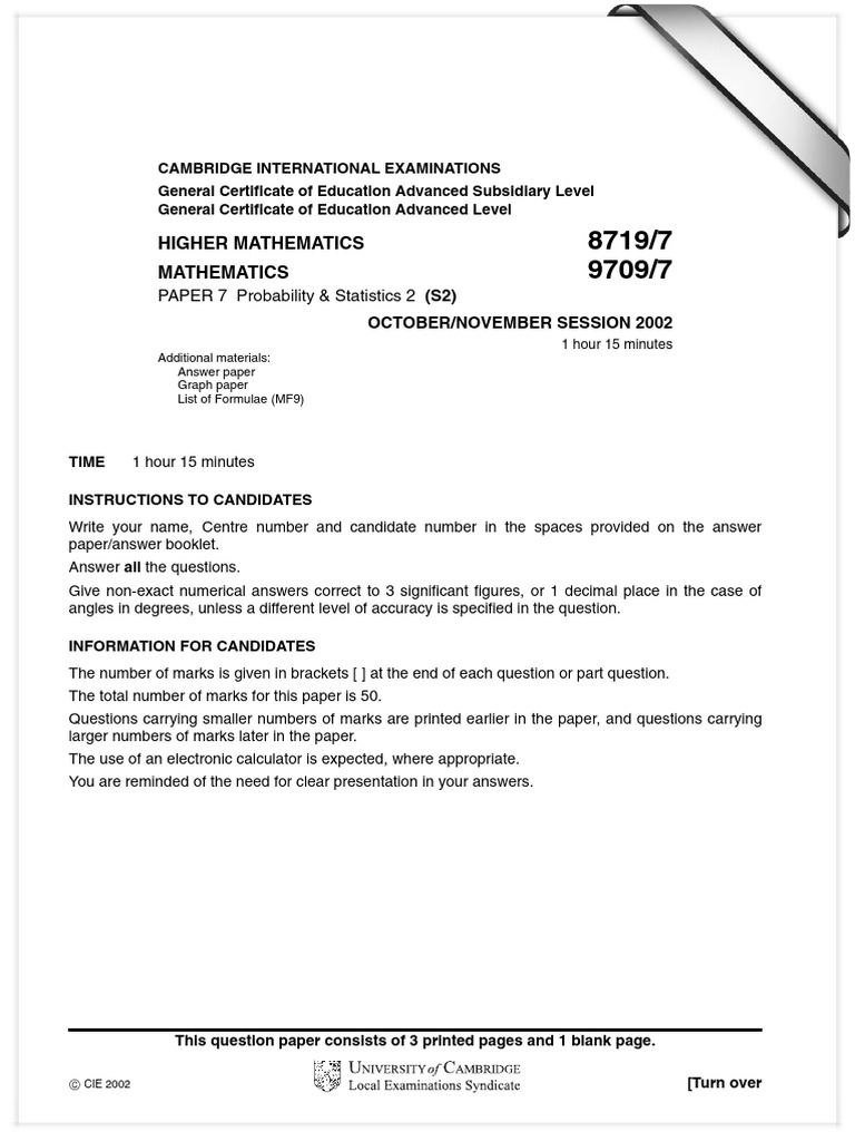 Mathamatics Paper 7 Cambrige 2002 | PDF