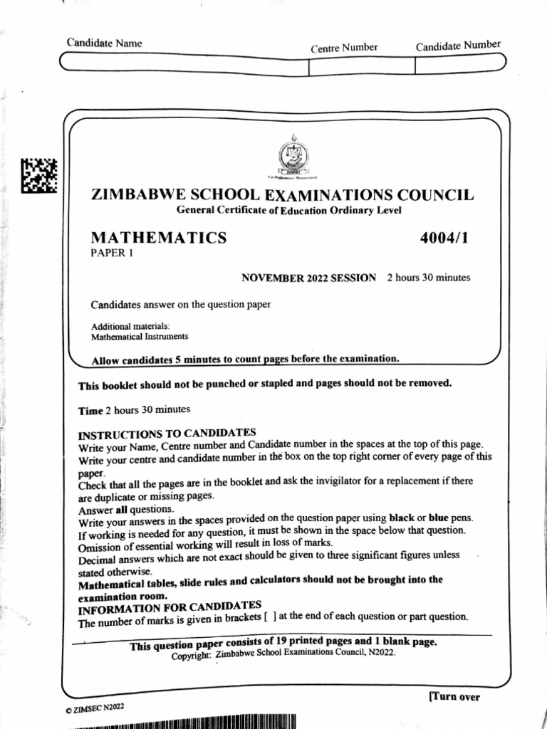 ZIMSEC O' Level Maths - November 2022 (Paper 1) | PDF