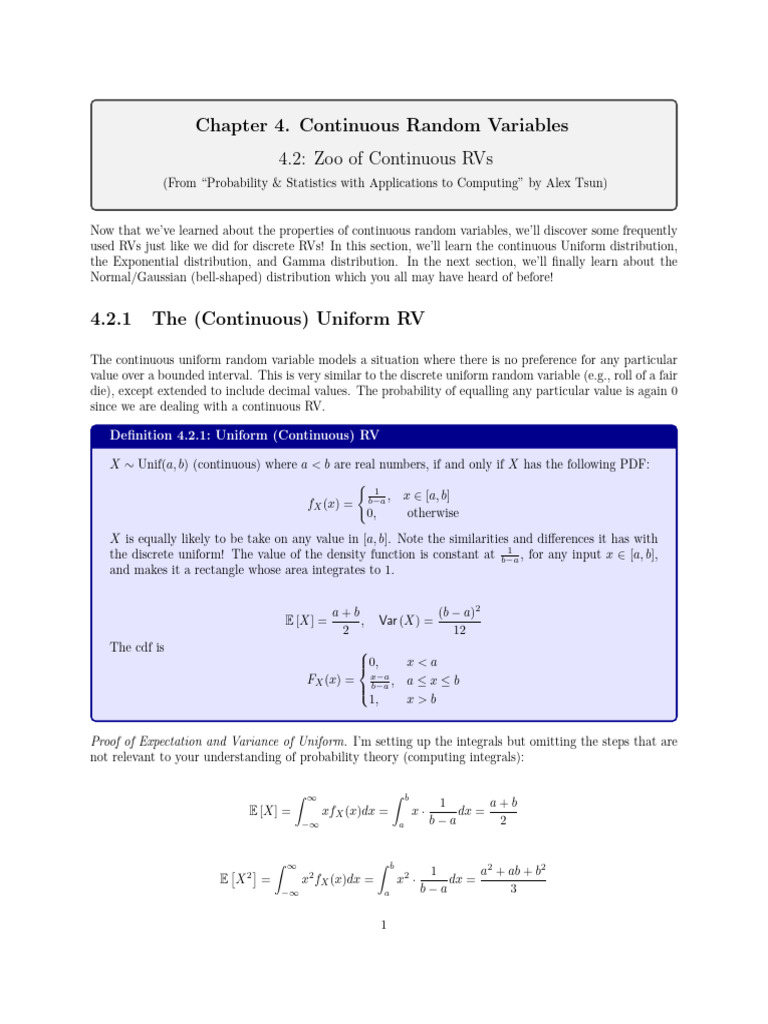 Chapter 4. Continuous Random Variables: 4.2: Zoo of Continuous Rvs | PDF
