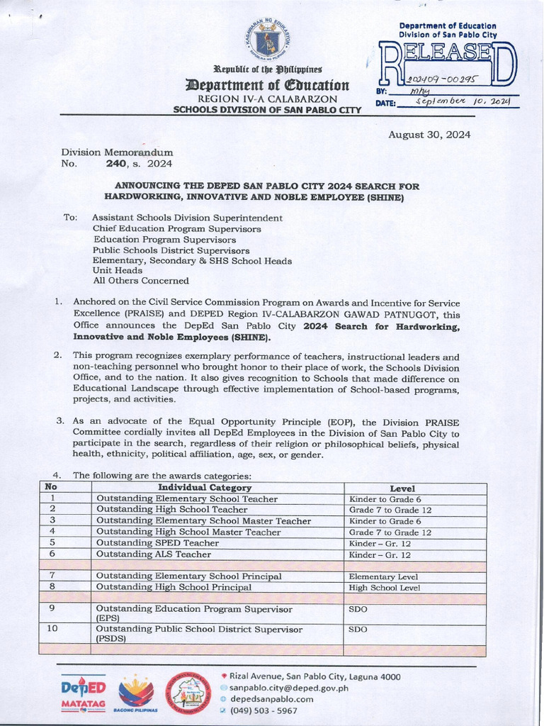 DIVISION MEMORANDUM NO. 240, S. 2024 - ANNOUNCING THE DEPED SAN PABLO ...