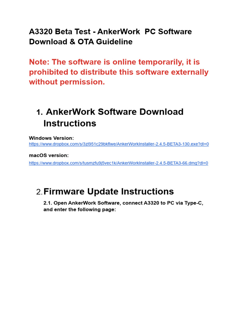 A3320 Beta Test - AnkerWork PC Software Download OTA Guideline 1 | PDF